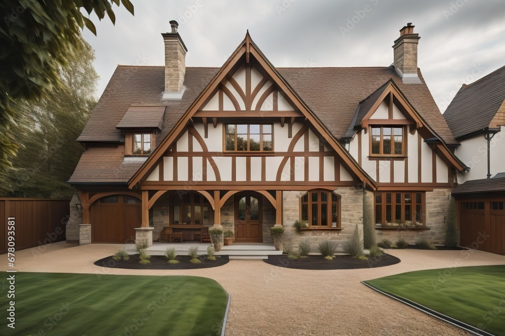 Tudor style family house exterior with gable roof and timber framing ...
