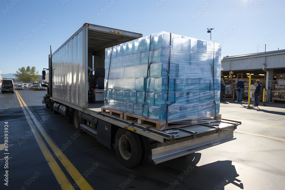 Loading of packages of bottled water onto delivery trucks. Stock Photo ...
