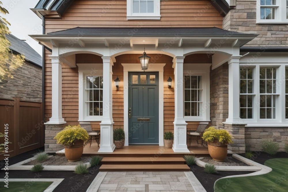 Main entrance door in house. Wooden front door with gabled porch and ...