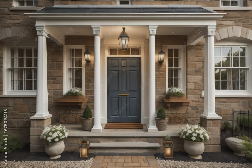 Main entrance door in house. Wooden front door with gabled porch and ...