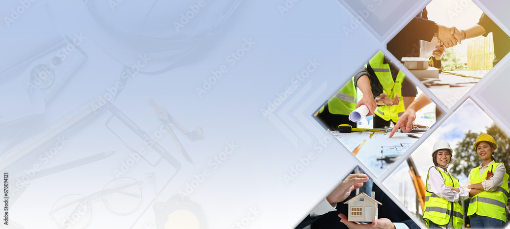 Professional engineer team in work site and engineer desk background ...