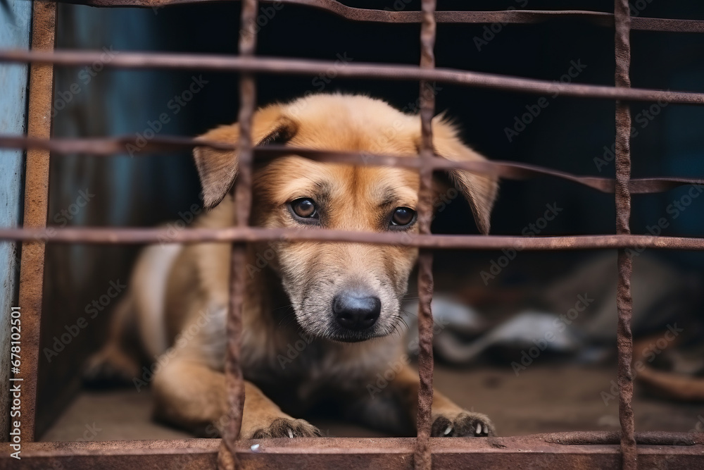 Stray homeless dog in animal shelter cage with a sad abandoned hungry ...