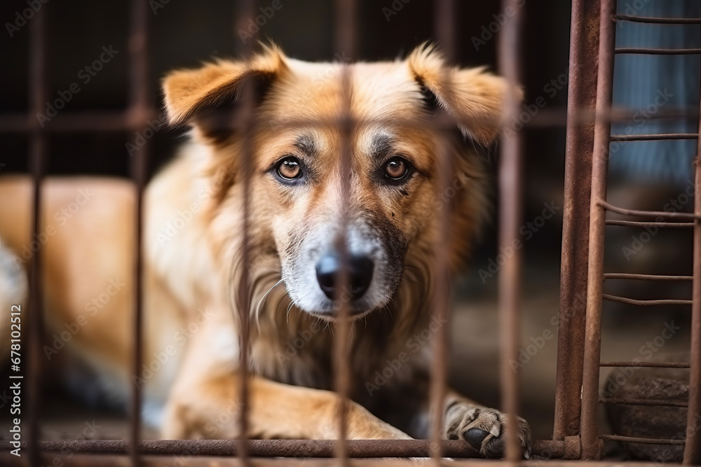 Stray homeless dog in animal shelter cage with a sad abandoned hungry ...