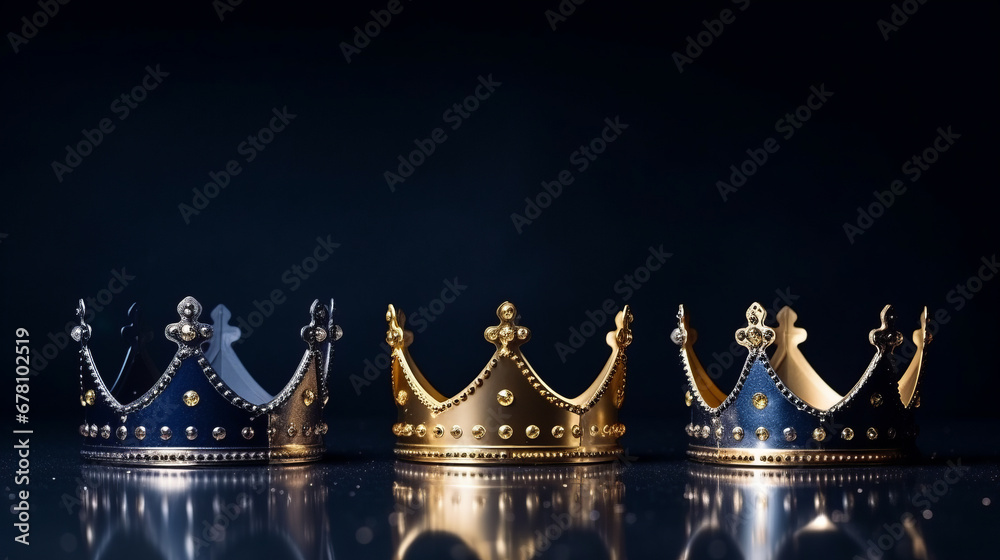 Three golden crowns background with copy space for the Three Kings day ...