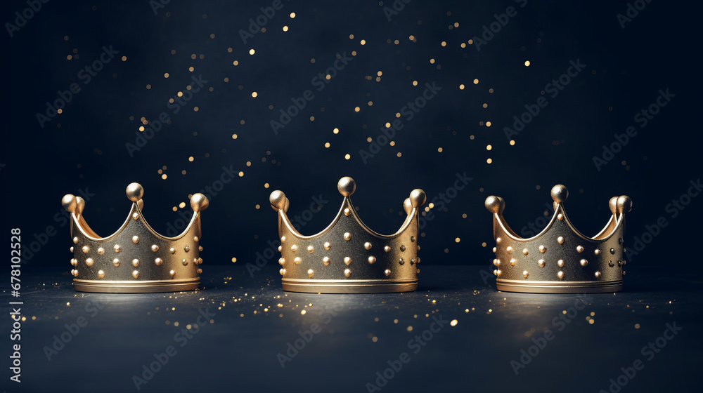 Three golden crowns background with copy space for the Three Kings day ...