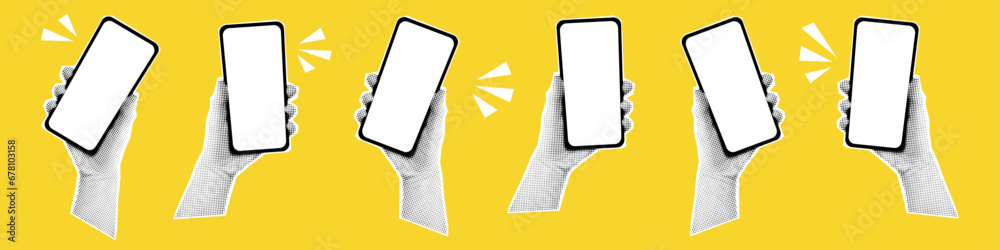 Vector halftone hands hold phones. Banner with hands holding mobile ...