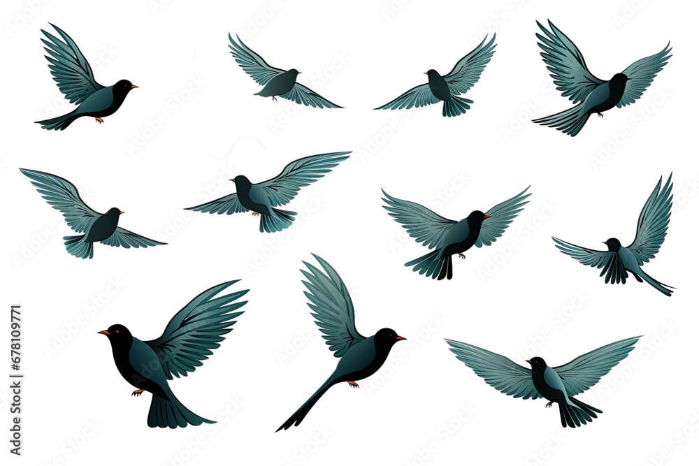 Set of flying birds. Silhouette of a bird flying on transparent ...