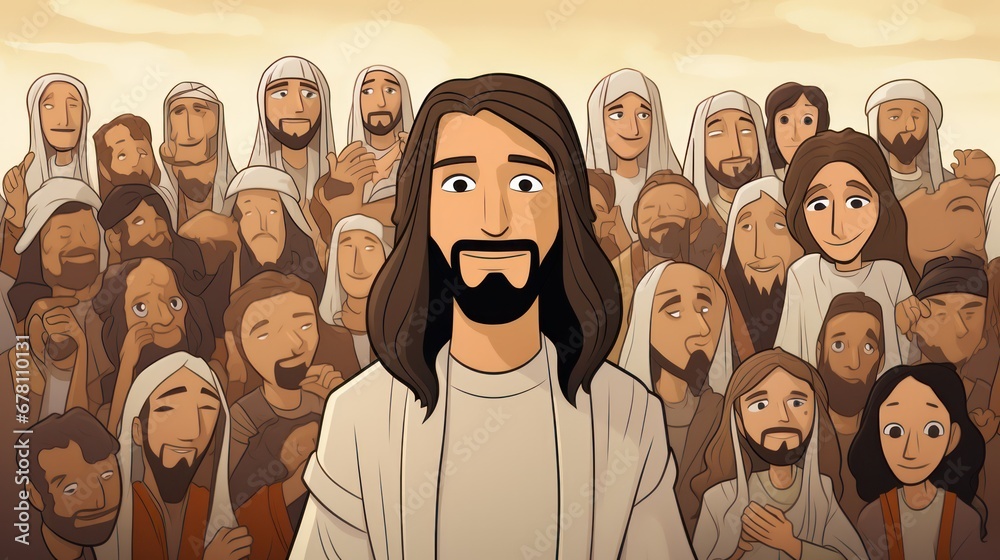 Jesus, cartoon, background of devotees Stock Illustration | Adobe Stock