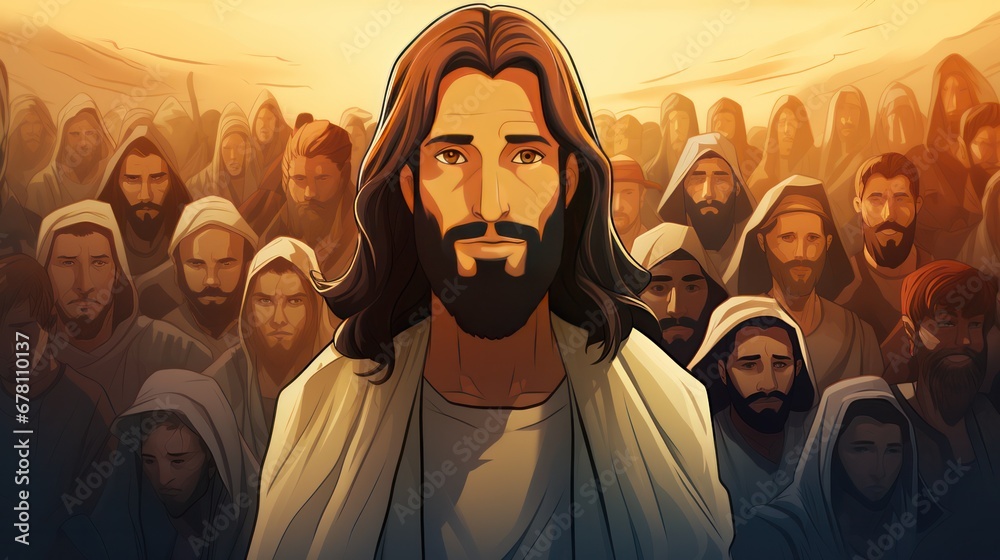 Jesus, cartoon, background of devotees Stock Illustration | Adobe Stock