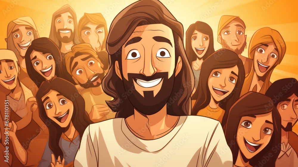 Jesus, cartoon, background of devotees Stock Illustration | Adobe Stock