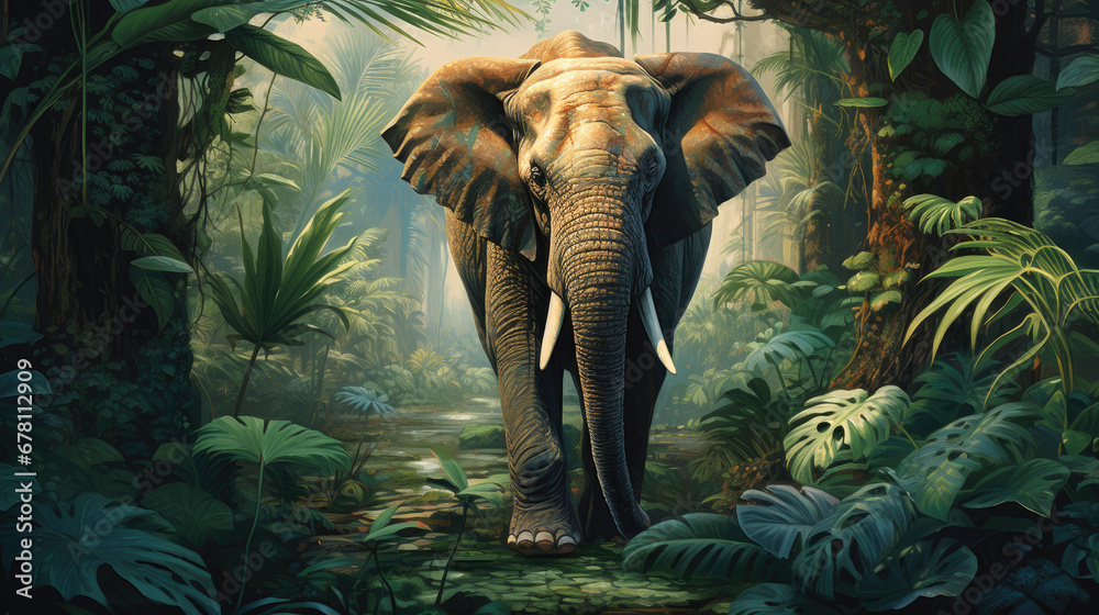 An elephant moves through the tropical expanse. Towering trees and a ...