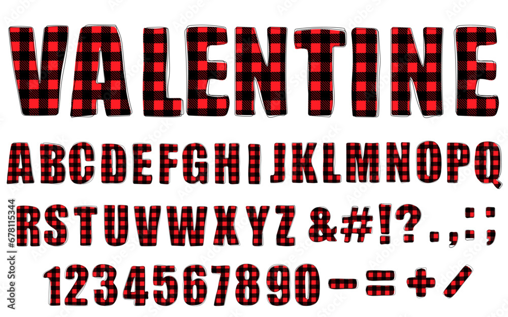 Valentine trendy alphabet. Hand drawn doodle font with Tartan plaid in ...