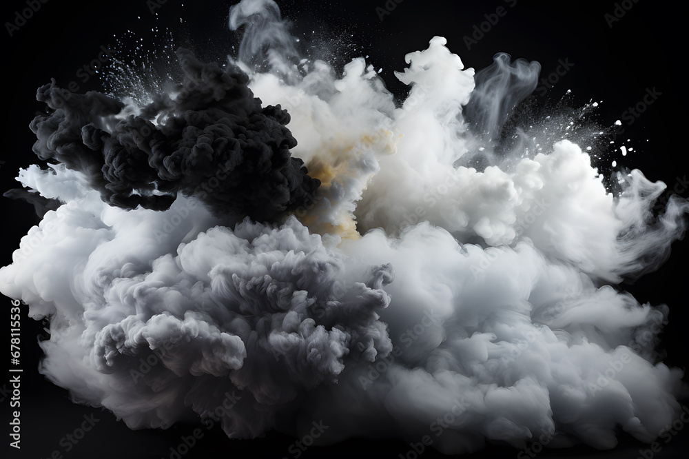 Explosion of black and white powder produced gray mixed smoke ...
