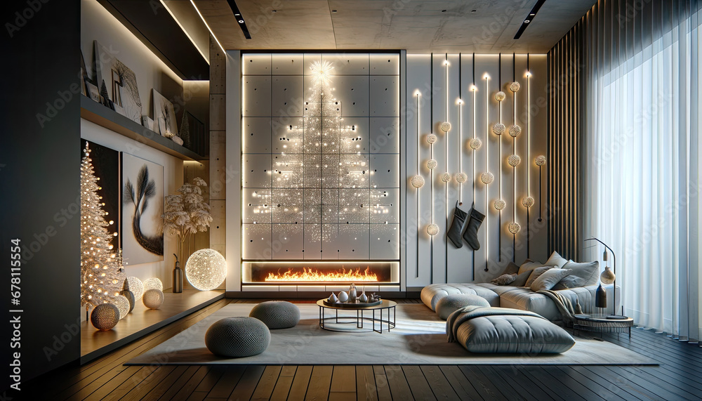 A modern living room reimagined for the Christmas season, showcasing an ...