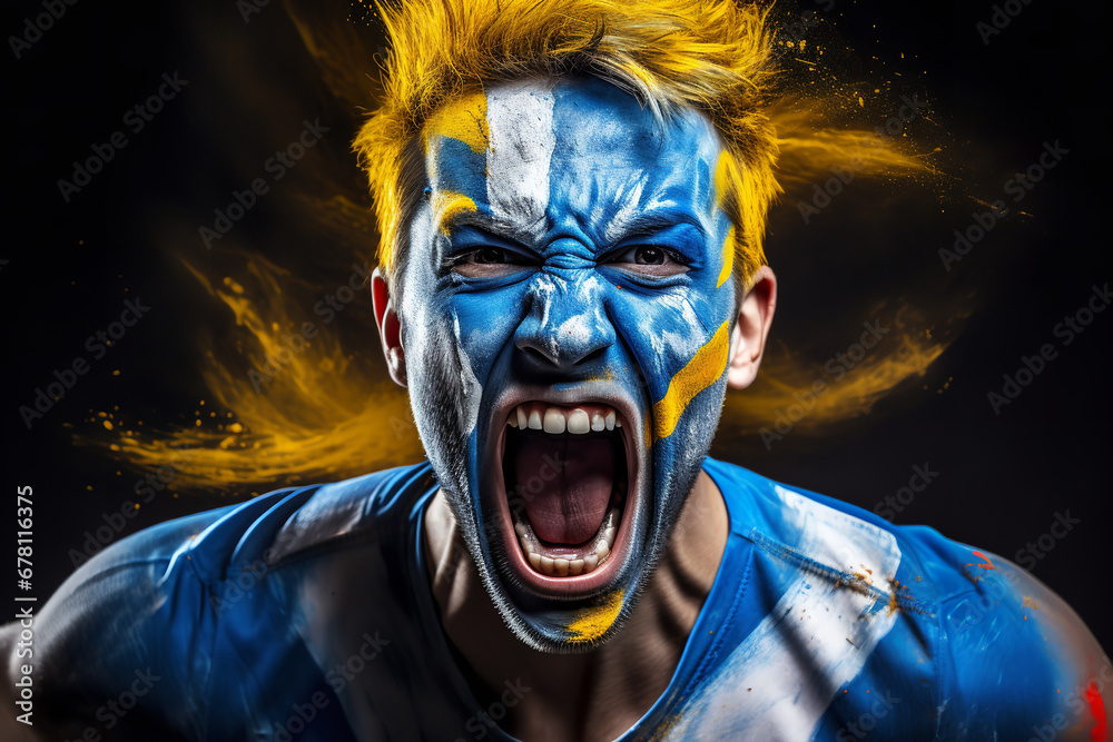 A passionate soccer fan with their face painted in team colors is ...