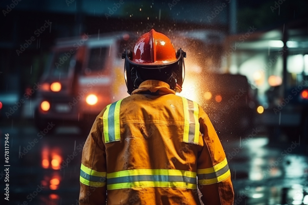 Rear view of Asian fireman wear fire protection suit, Firefighter spray ...