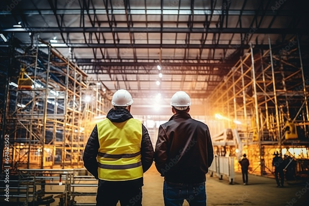 rear view of engineer and safety officer inspection construction worker ...