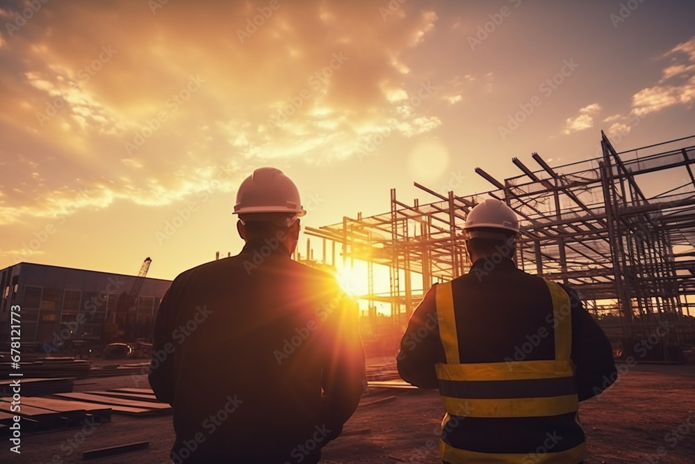 rear view of engineer and safety officer inspection construction worker teamwork election steel ...