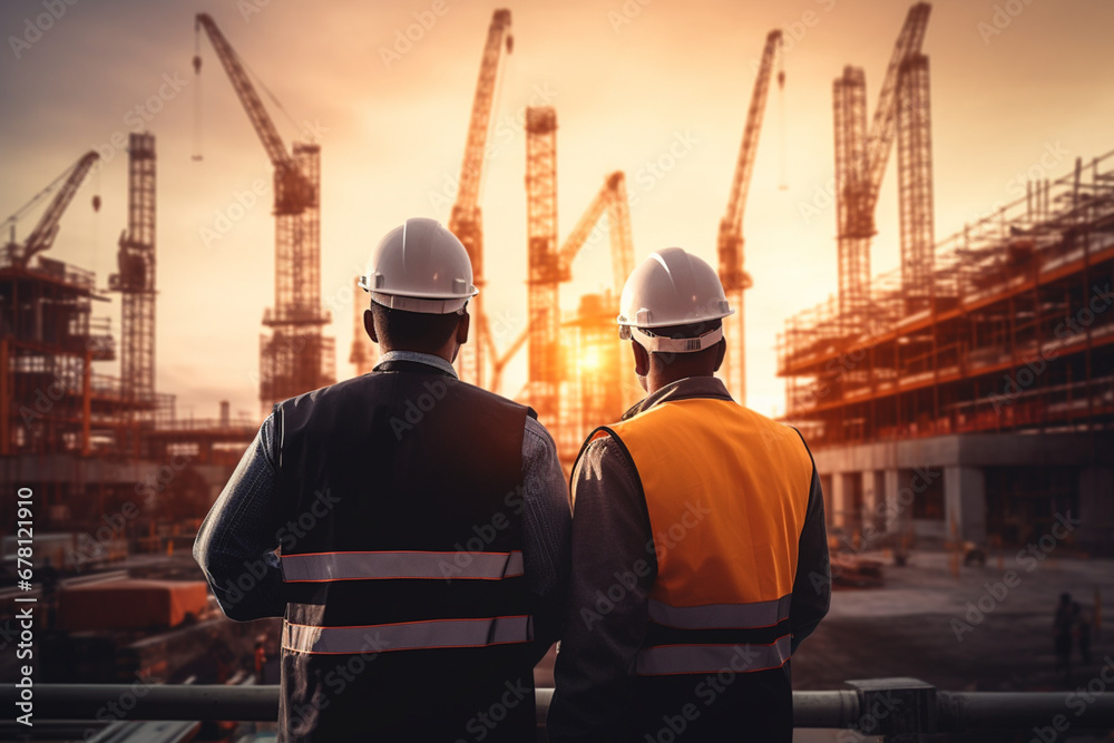 rear view of engineer and safety officer inspection construction worker ...