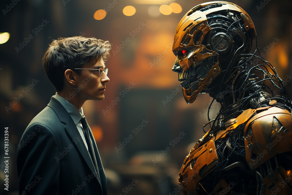 A man in a business suit and a humanoid robot look at each other. The ...