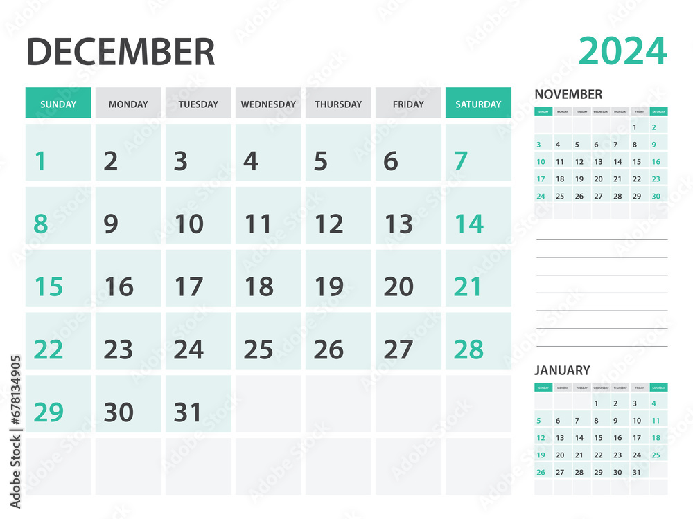 Calendar 2024 template- December 2024 year, monthly planner, Desk ...