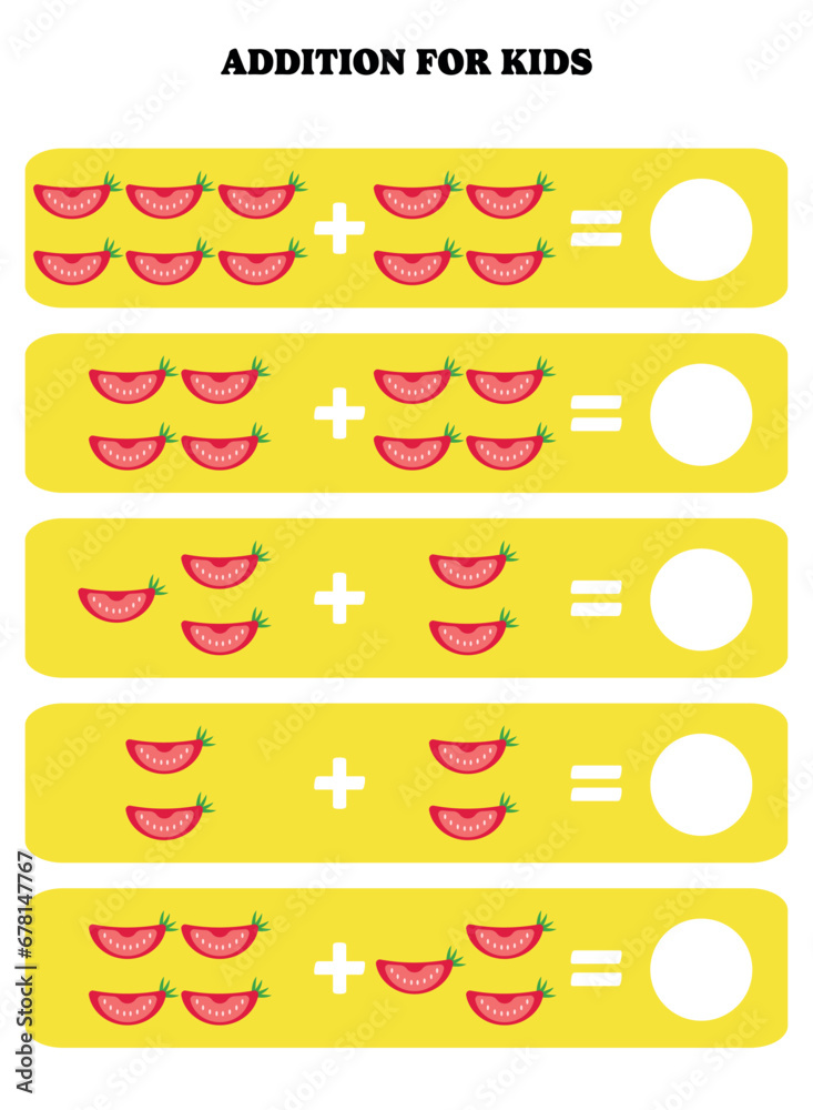 Addition page for kids. Educational math game for children with tomato ...