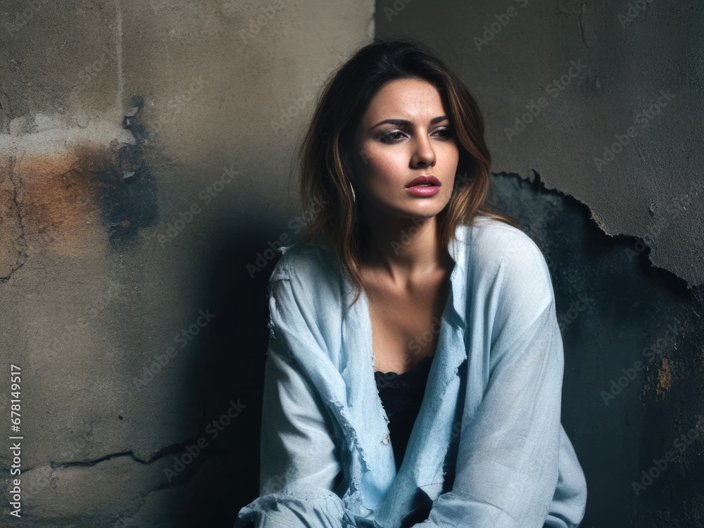 Sad woman in torn clothes after sexual assault sitting on the ground ...