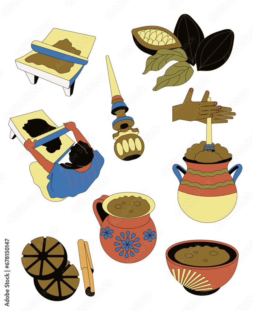 Colección de iconos del chocolate caliente mexicano, molinillo, canela ...