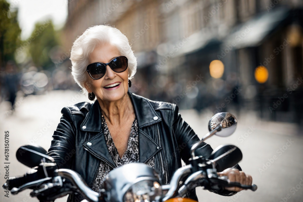 Happy beautiful elderly senior woman with grey hair rides a motorcycle ...
