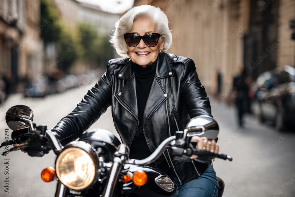 Happy beautiful elderly senior woman with grey hair rides a motorcycle ...