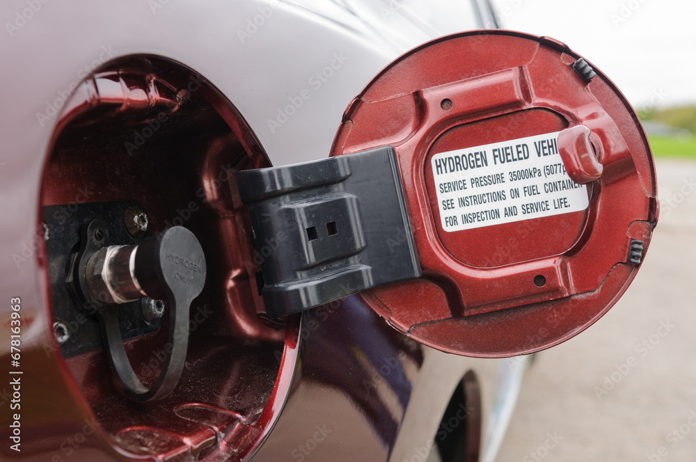 Filler cap on a car which uses hydrogen as fuel to power a fuel cell ...