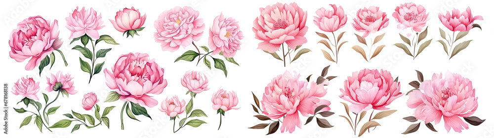 Watercolor pink flowers frame border ornament set. Hand drawn isolated ...