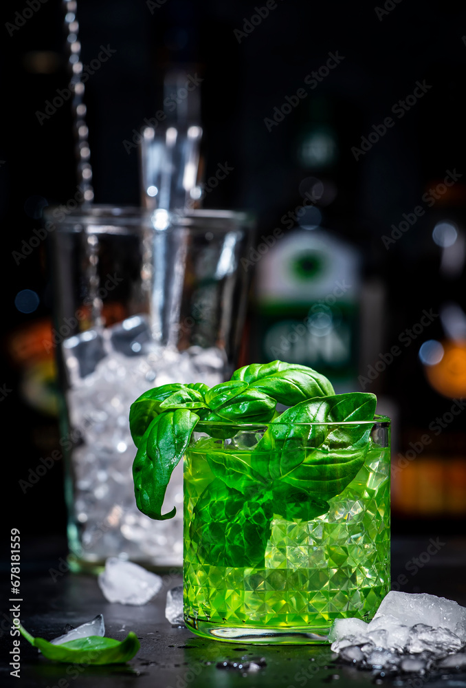 Basil smash green alcoholic cocktail drink with dry gin, sugar syrup ...