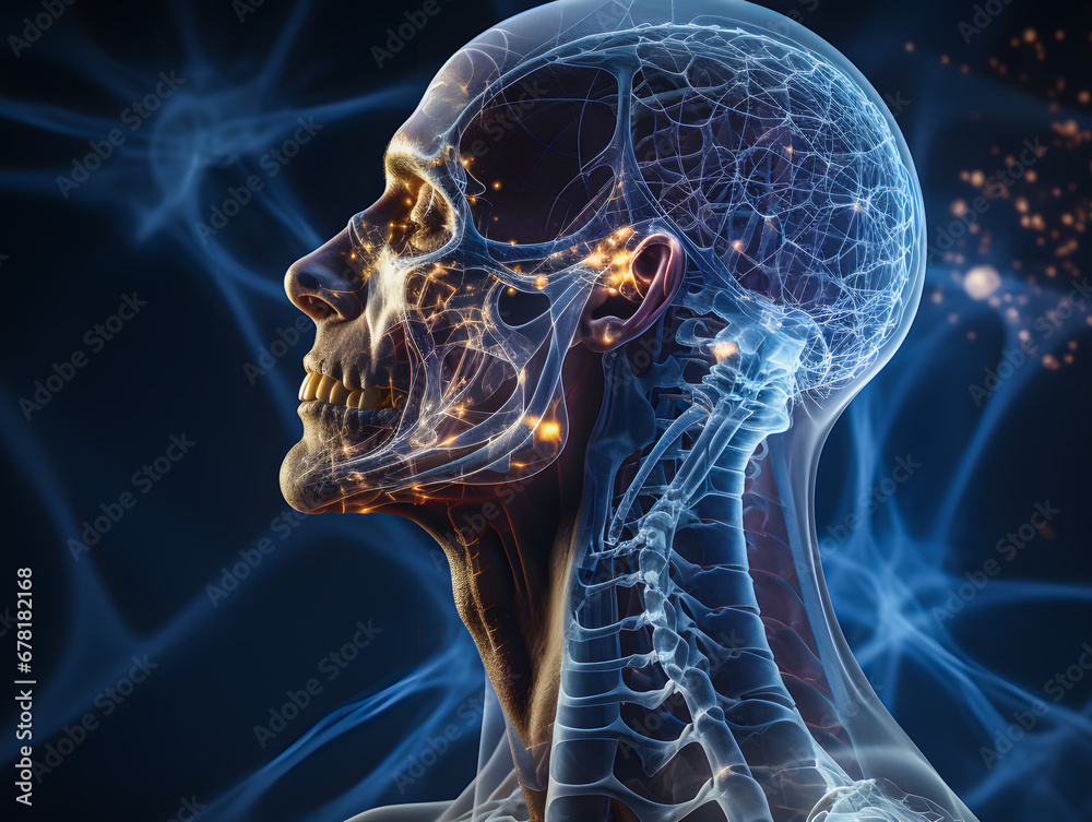 Neural network in the human skull, scientific concepts. Neuroscience ...