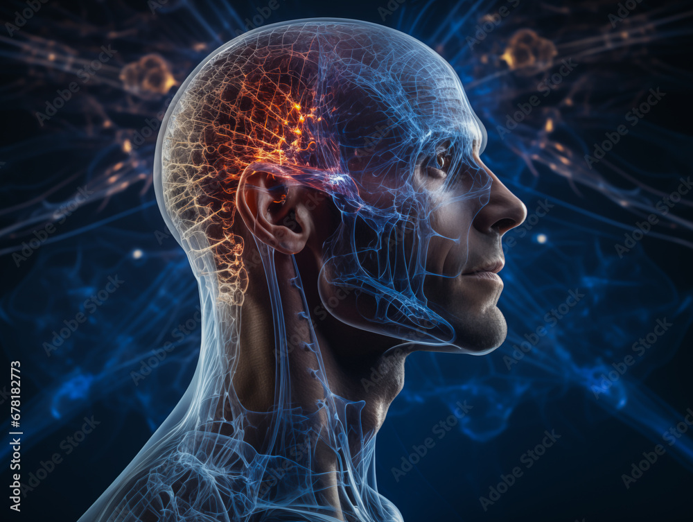 Neural network in the human skull, scientific concepts. Neuroscience ...