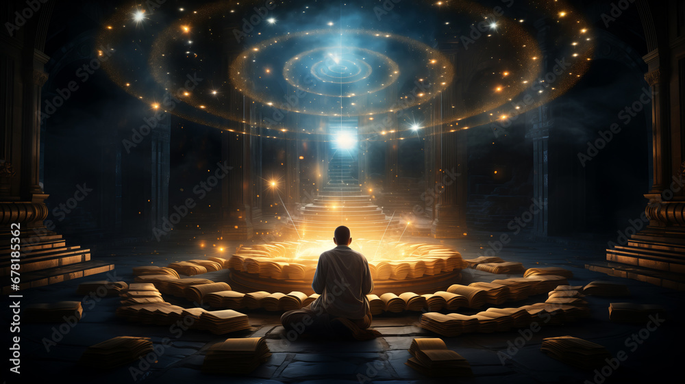 Astral yoga silhouette of human in cosmic space meditate. Back view man practicing ...