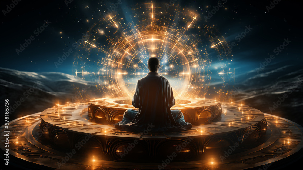 Astral yoga silhouette of human in cosmic space meditate. Back view man practicing ...