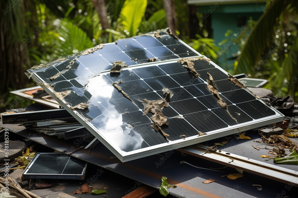 Broken destroyed solar panel after natural disaster. Broken ...