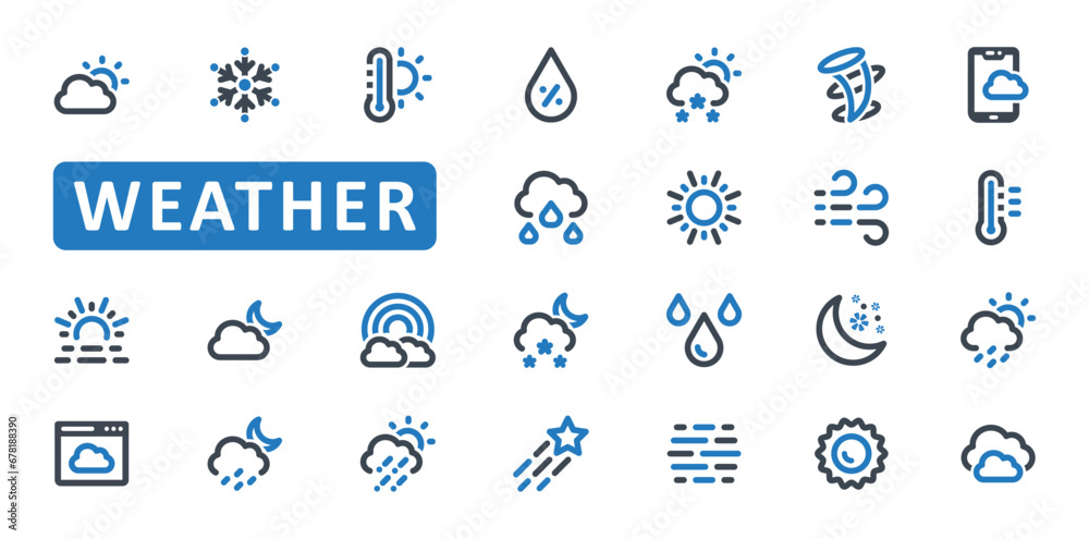 Weather icon set. forecast, overcast, climate, rain, wind, cloud, fog ...