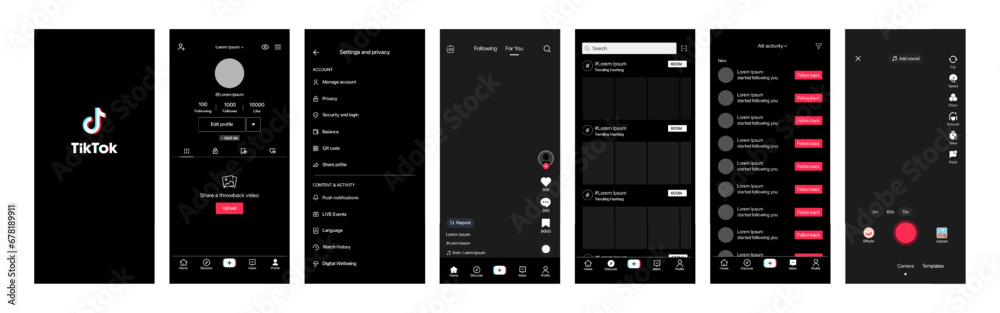 Tik Tok design. Set Tik Tok screen social media and social network ...