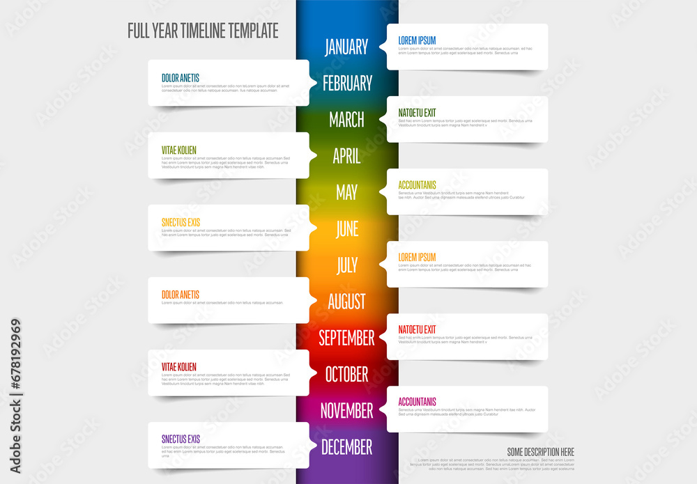 Rainbow full year vertical timeline template with white bubbles Stock ...