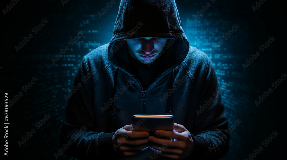 Dangerous hooded hacker with smartphone in his hand. Internet, cyber crime, cyber attack, system ...