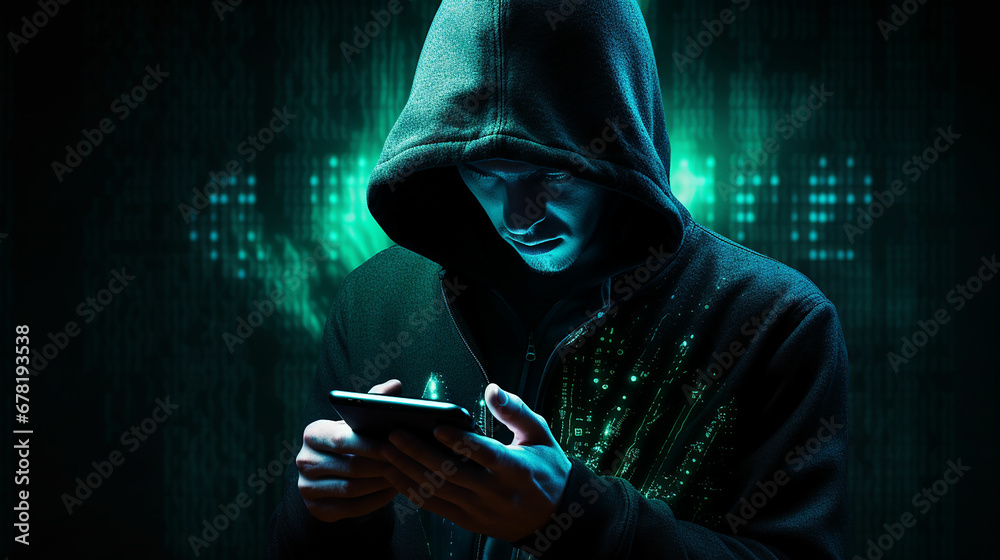 Dangerous hooded hacker with smartphone in his hand. Internet, cyber crime, cyber attack, system ...