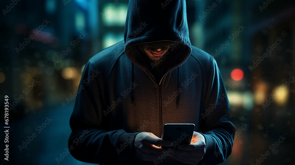 Dangerous hooded hacker with smartphone in his hand. Internet, cyber crime, cyber attack, system ...