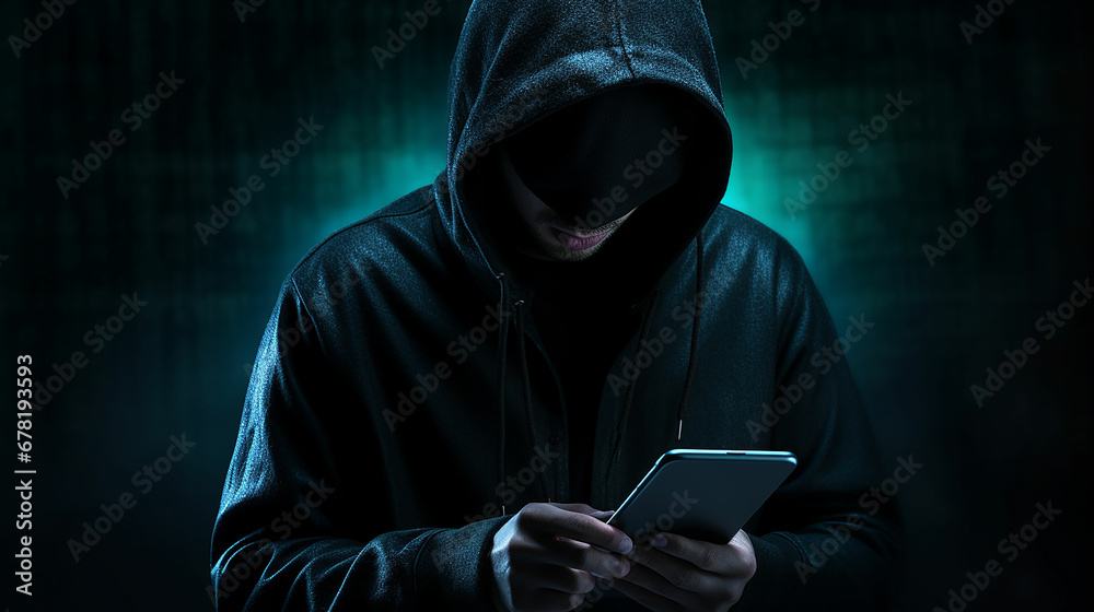 Dangerous hooded hacker with smartphone in his hand. Internet, cyber crime, cyber attack, system ...