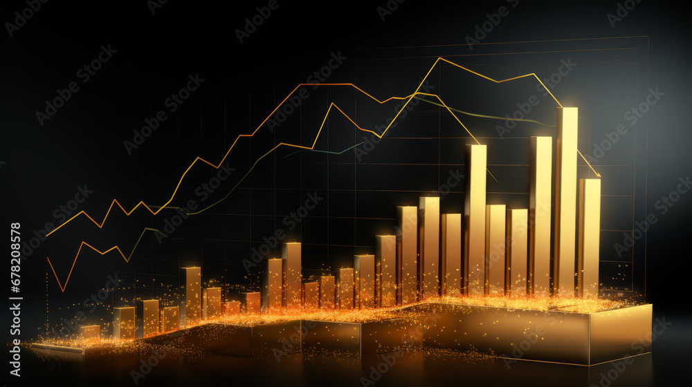 Gold price graph board with the price rising high has a finger pointing ...