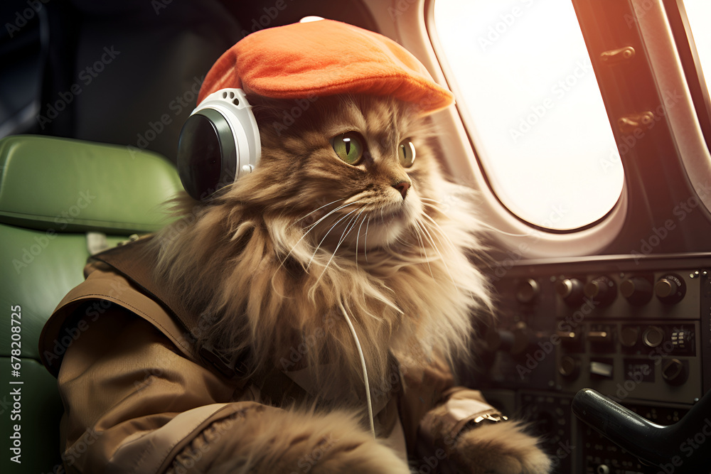 red fluffy cat in cockpit wearing headphones sitting on airplane seat ...