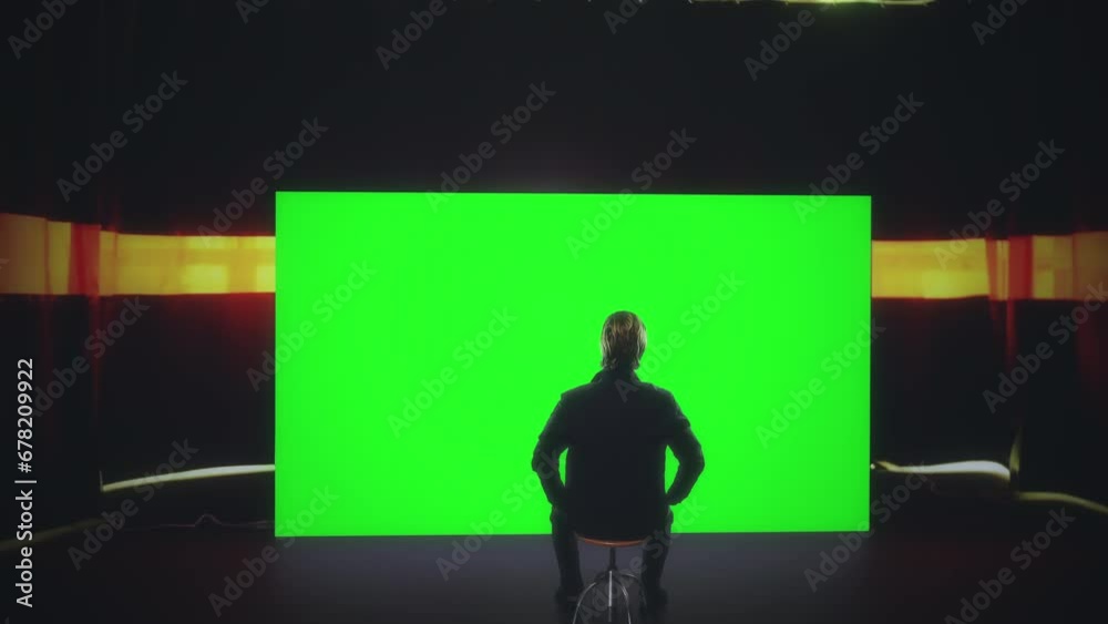 Man Watching Green Screen Panel Cinema Room Zoom In Theater. Man ...