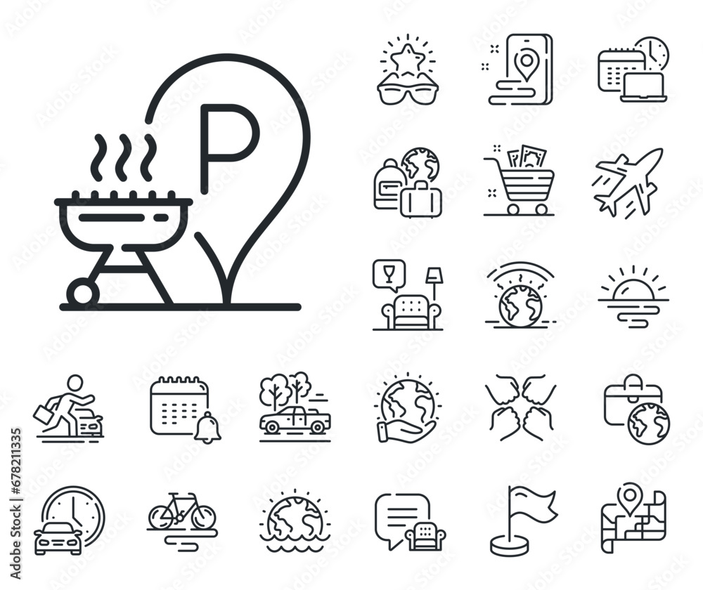 Barbecue cooker for cooking food sign. Plane jet, travel map and ...