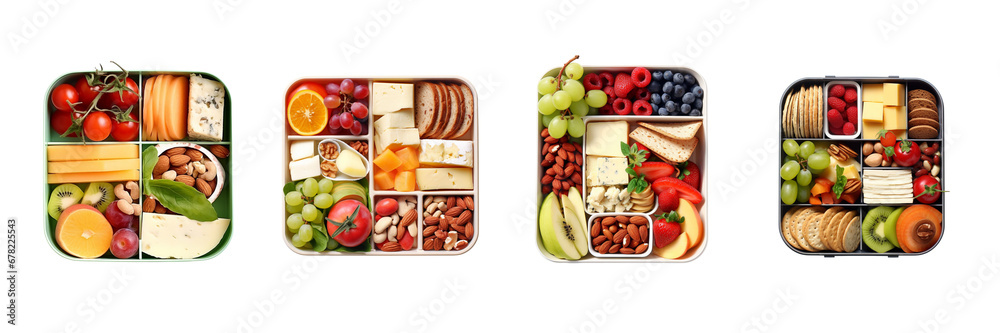 Set of Bento box lunch of fresh fruits, nuts, cheese, and other healthy ...